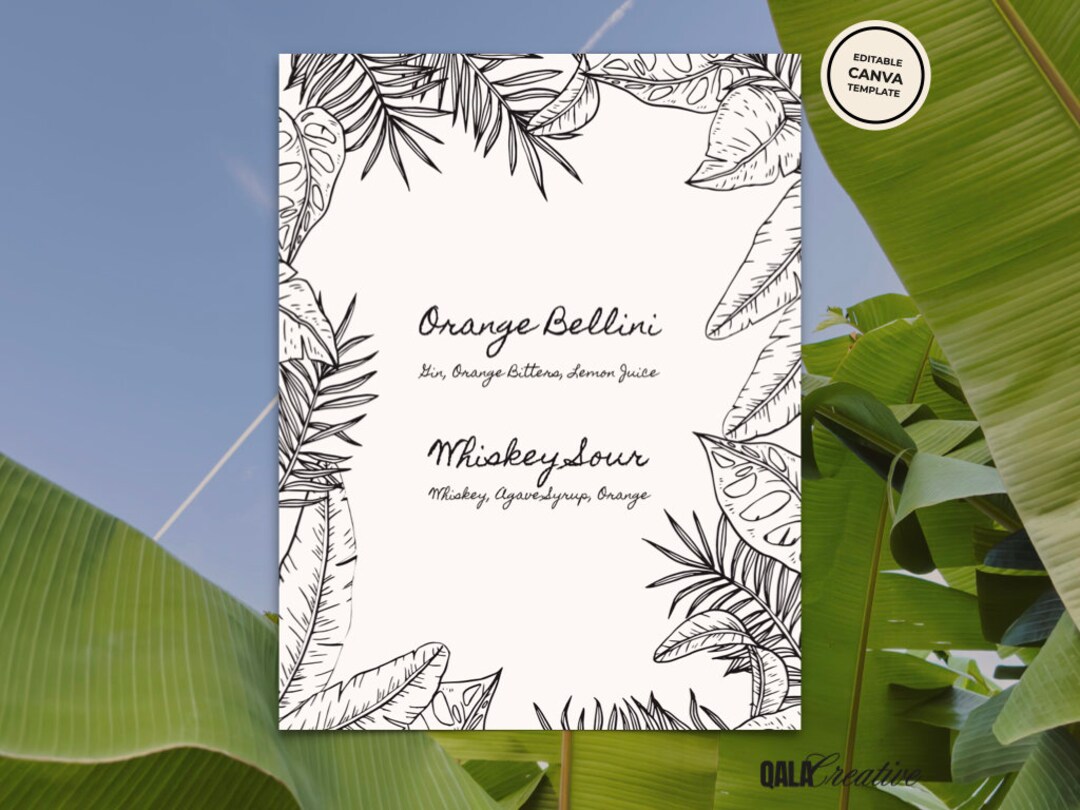 Tropical Leaves Wedding Signature Cocktail Menu - Digital Template ...