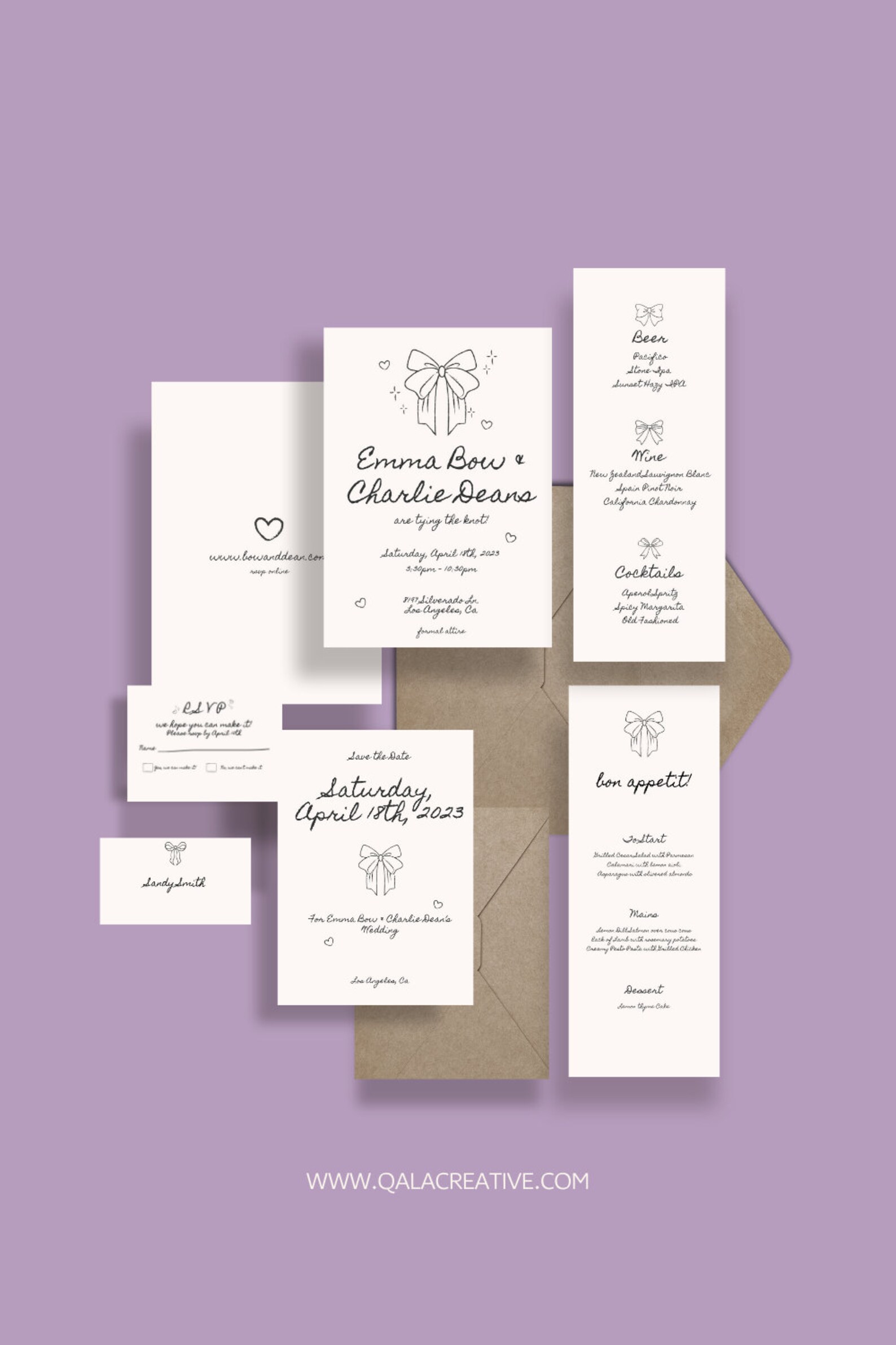 Emma Bow Wedding Name Cards - Digital Template | Name Cards Design ...