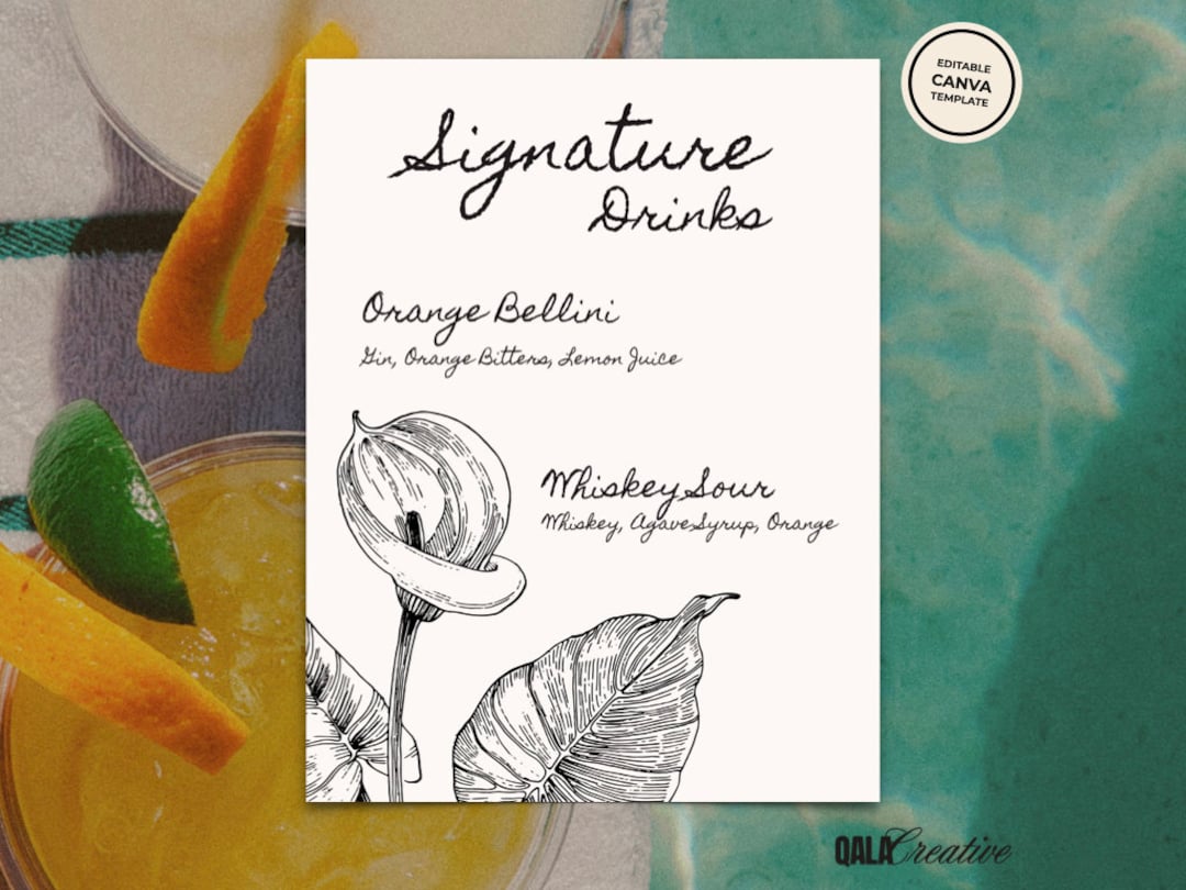 Calla Flower Signature Cocktail Menu - Digital Template | Menu Design ...