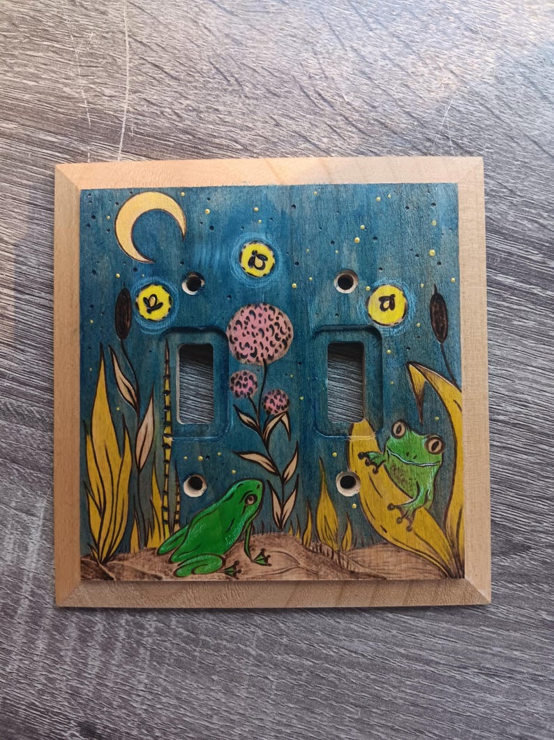 Botanical Woodburned Light Switch Cover: Fireflies & Frog Decor - Etsy