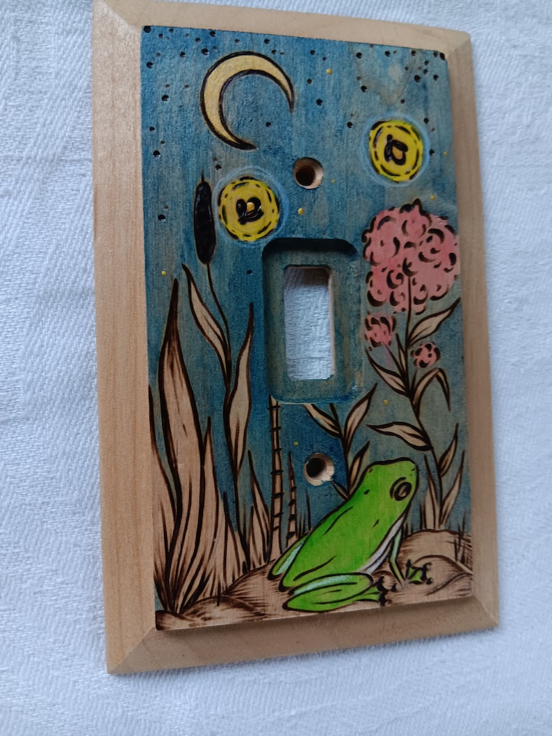 Botanical Woodburned Light Switch Cover: Fireflies & Frog Decor - Etsy