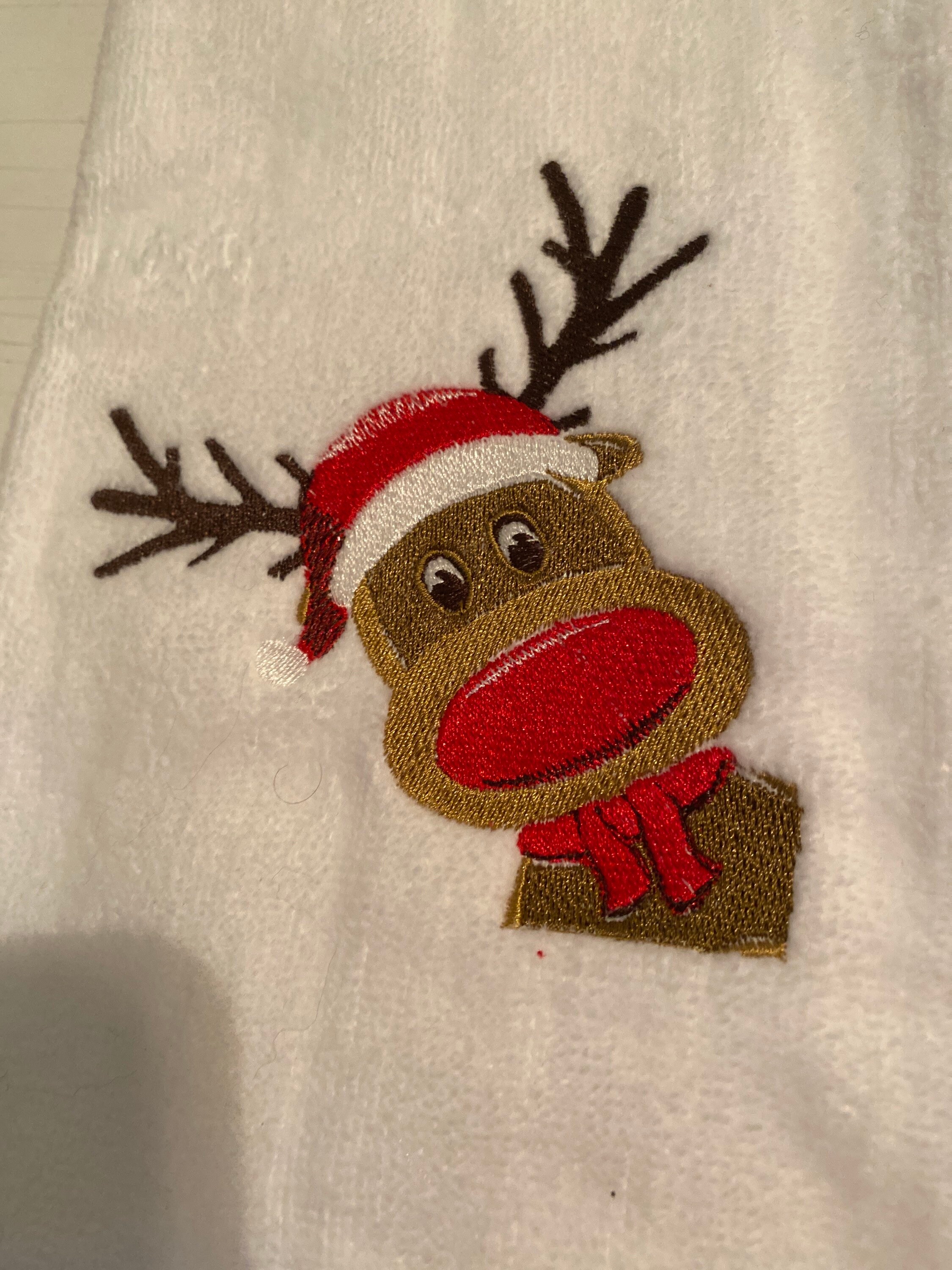 Embroidered Rudolph peeking hand towel Christmas decor - Etsy.de