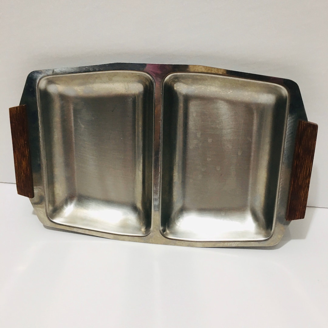 Vintage MCM Mid Century Modern Metal Divided Tray Wooden Handles - Etsy