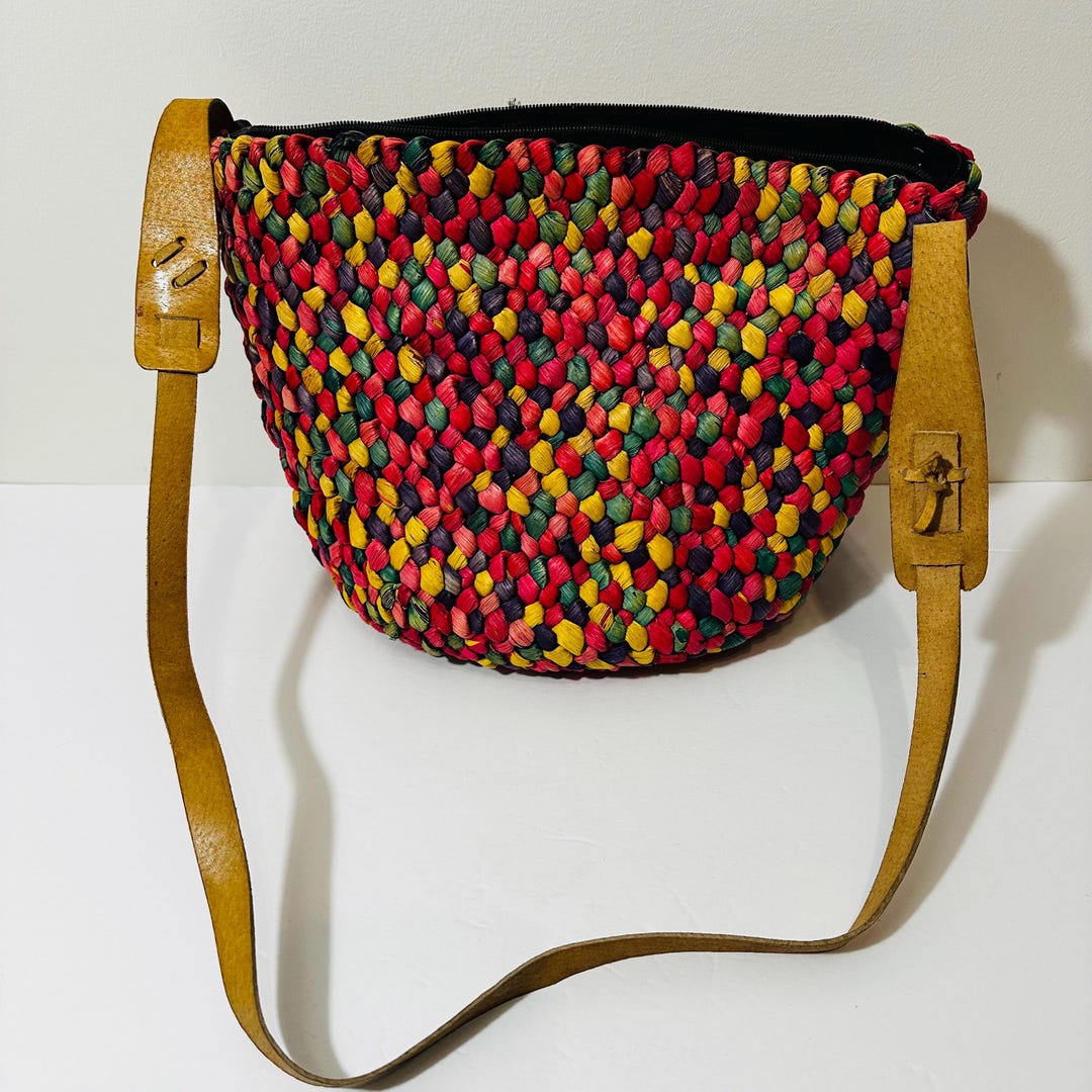 Vintage Woven Straw Colorful Rainbow Leather Strap Handbag Purse Boho ...