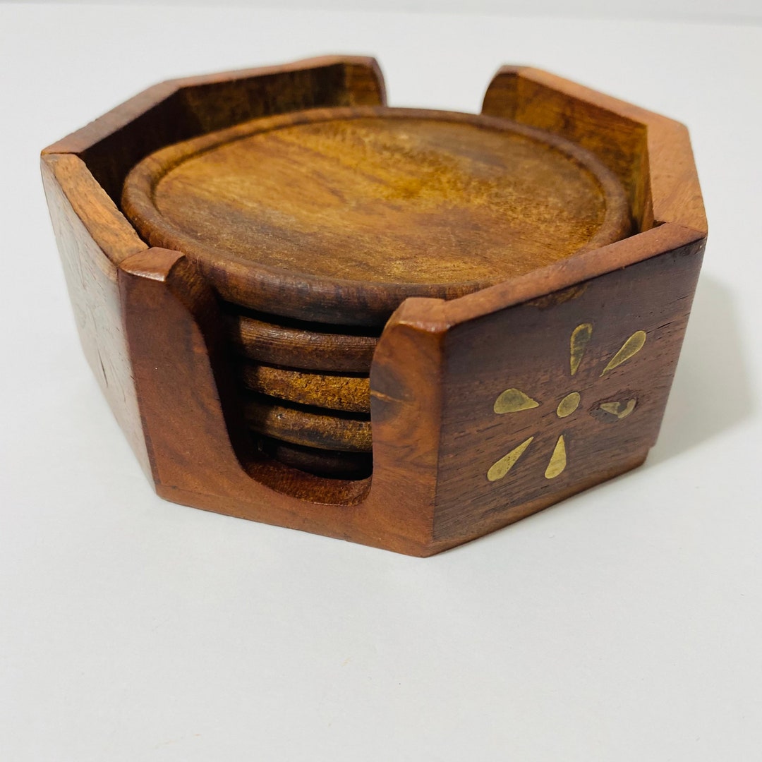 Vintage Wooden Coaster and Caddy Set Made in India Boho Decor - Etsy