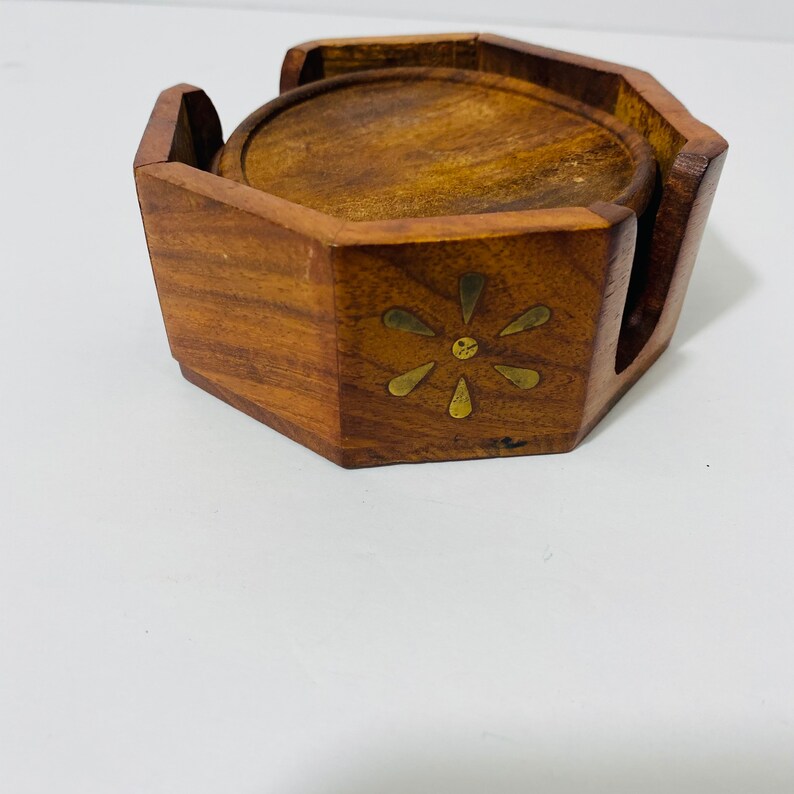 Vintage Wooden Coaster and Caddy Set Made in India Boho Decor - Etsy