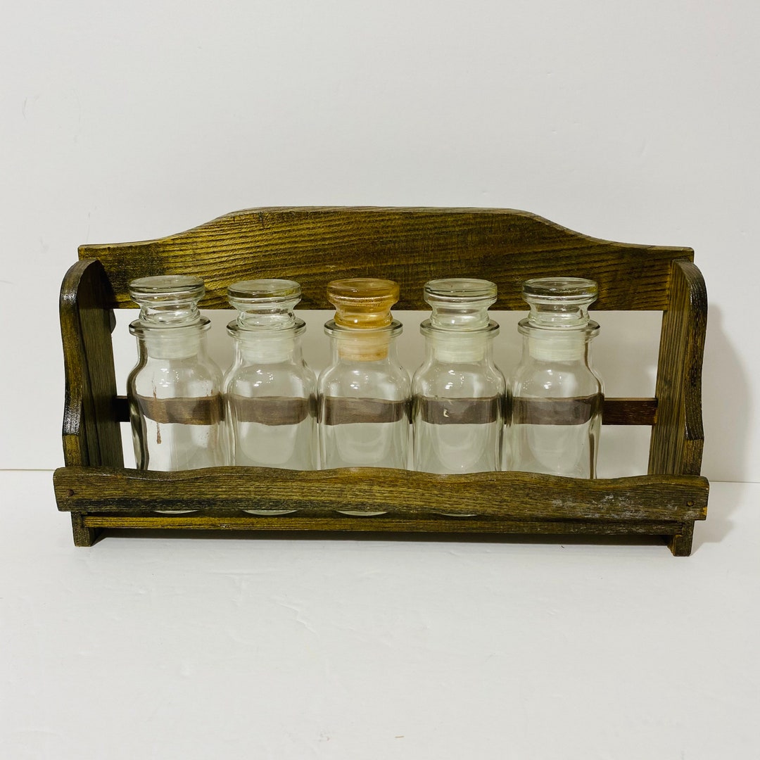 Vintage Spice Rack Japan Wooden 5 Glass Bottles 80s Rustic Boho Kitchen ...