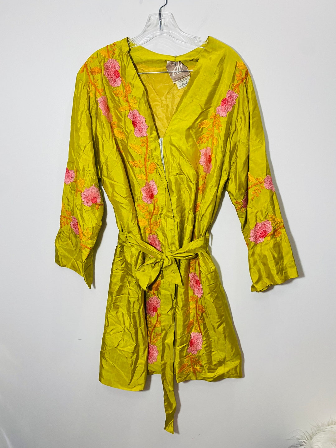 Vintage Westmorelands 100% Silk Shantung Embroidered Chartreuse Dress Made in Italy Large Kimono ...
