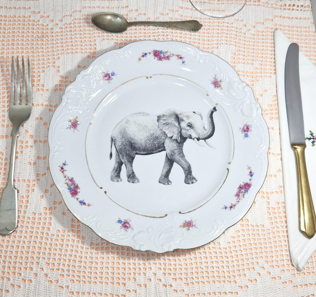 Elephant on Vintage Dinner Plate - Etsy
