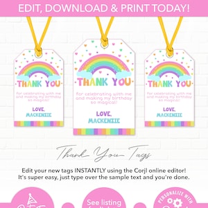 Rainbow Birthday Thank You Tags, Rainbow Favor Tags, Rainbow Birthday ...