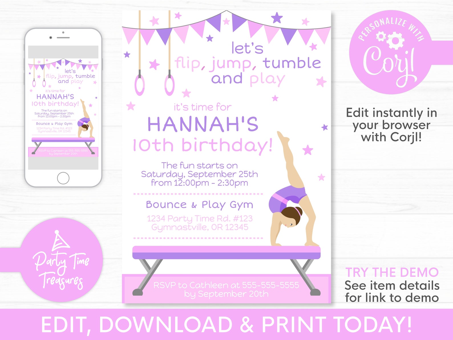 Gymnastics Party Invite, Gymnastic Birthday Invitation, Girl Birthday ...