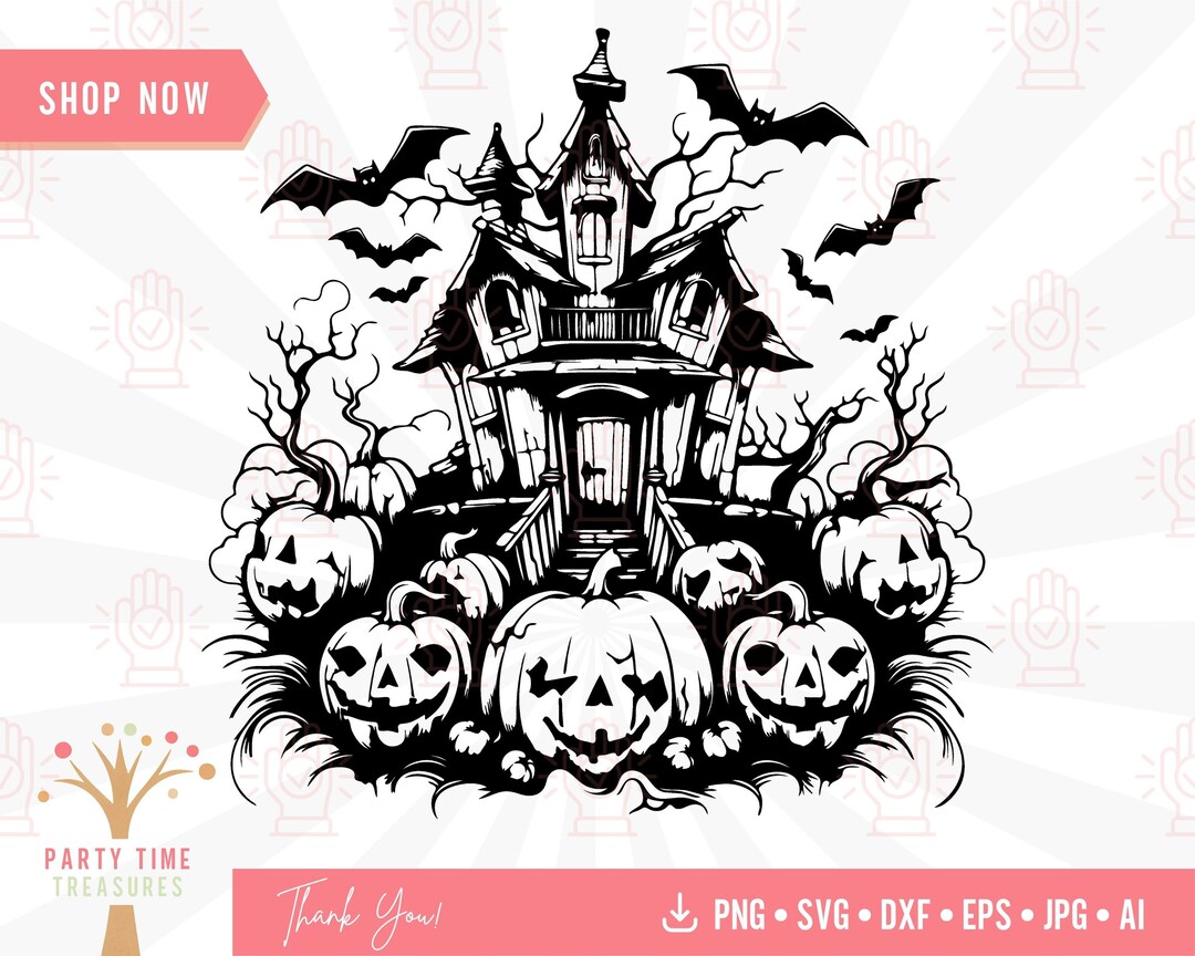 Halloween Haunted House Svg With Bats and Jack-o-lanterns, Gothic ...