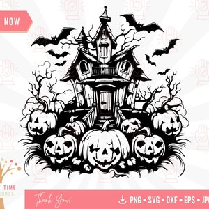 Halloween Haunted House Svg With Bats and Jack-o-lanterns, Gothic ...
