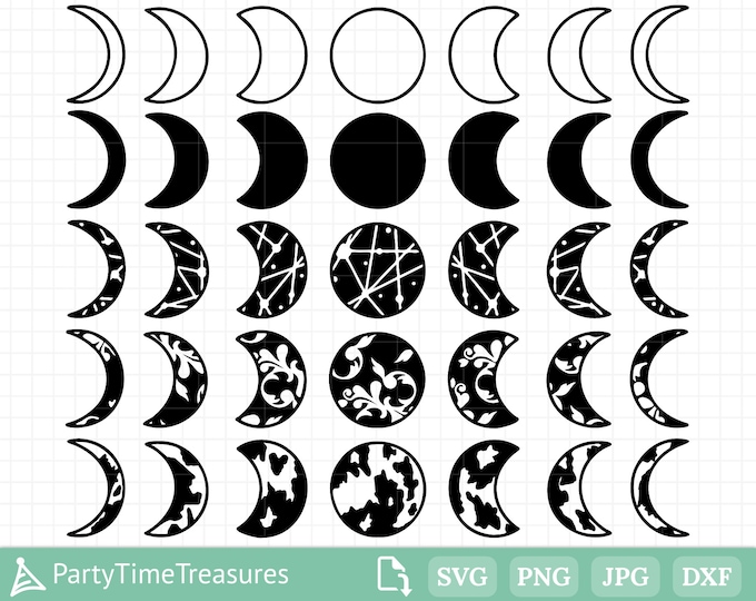Moon Phase Designs Vector Clipart Set / Outline, Stamp & Color Graphics ...