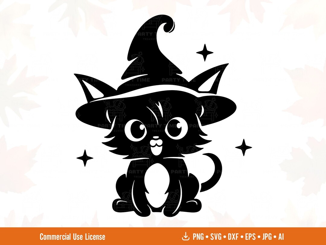 Black Cat With Witch's Hat SVG, Halloween Kitten Wearing Witch's Hat ...