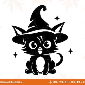 Black Cat With Witch's Hat SVG, Halloween Kitten Wearing Witch's Hat ...