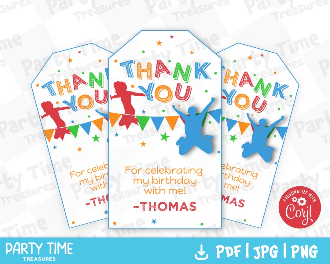 Jump Trampoline Favor Tags, Editable Bounce House Thank You Tags ...