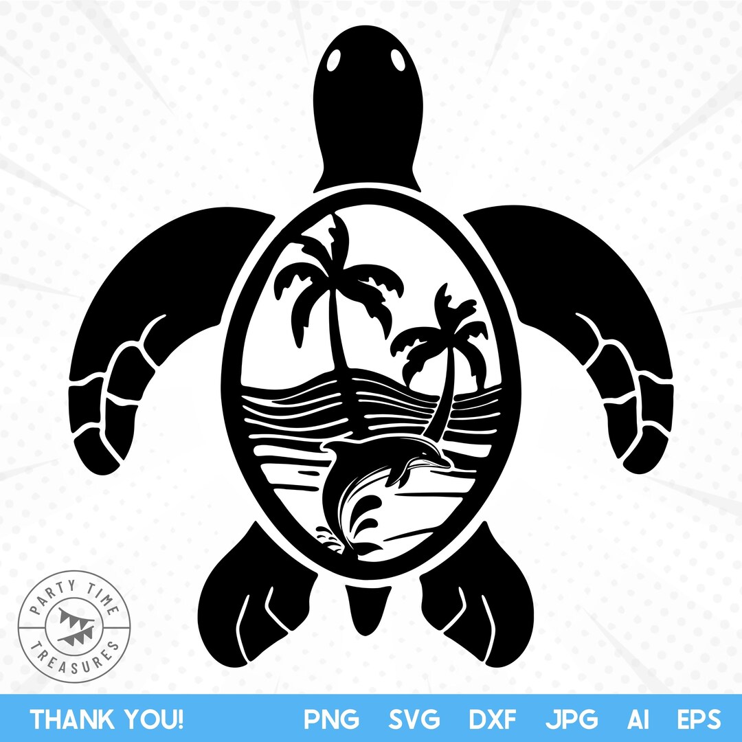 Tropical Sea Turtle SVG Cut File, Dolphin Scene With Palm Trees Png ...