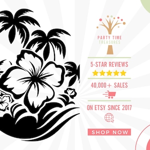 Tropical Hibiscus Flowers Beach Scene Svg, Palm Trees Cut File for ...