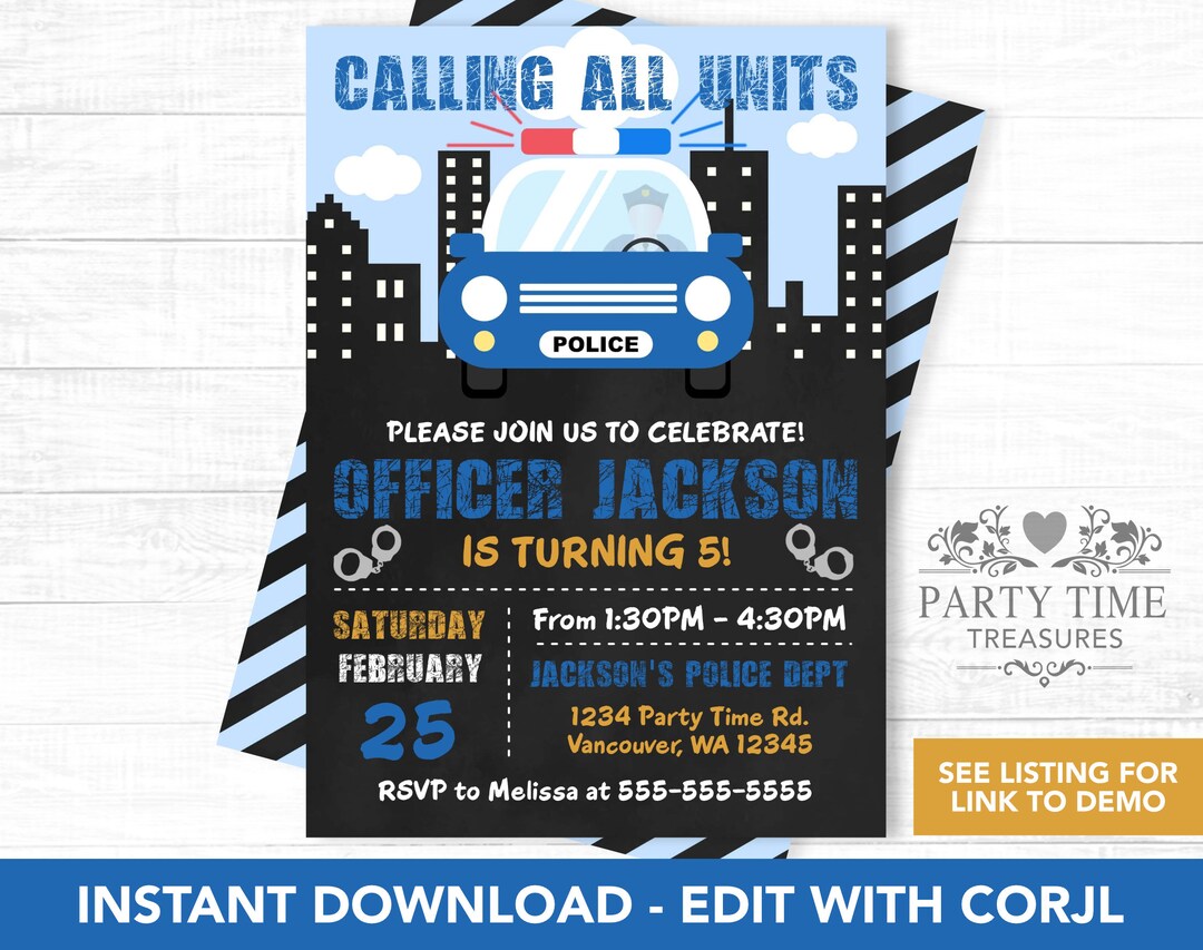 Police Birthday Invitation - Police Party Invite - Police Officer Party ...