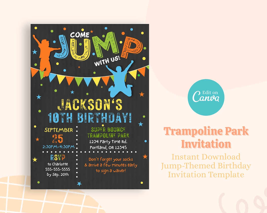 Trampoline Park Party Invitation, Printable Trampoline Birthday ...