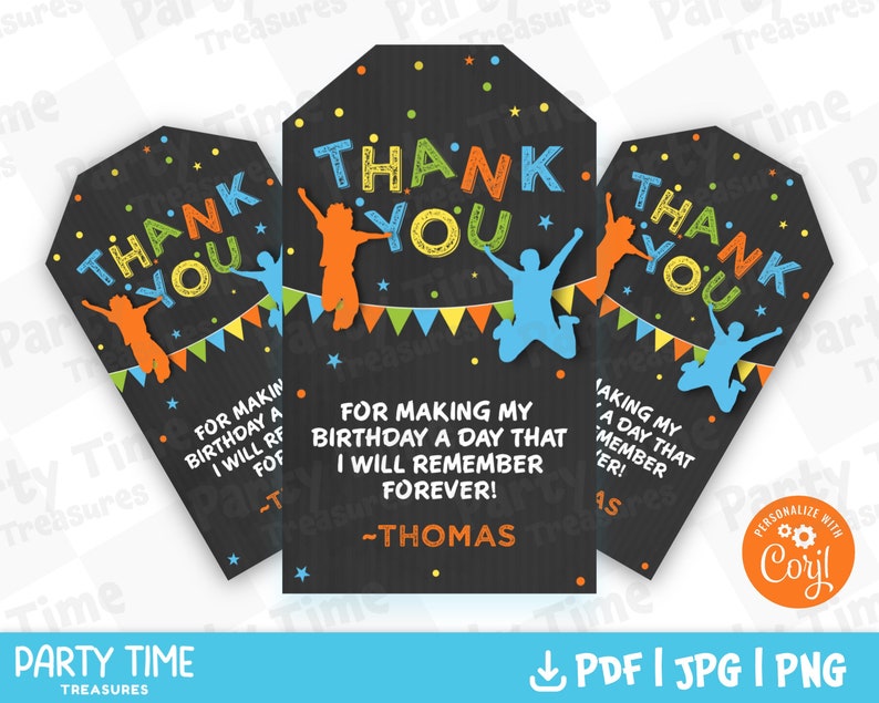 Jump Trampoline Favor Tags, Editable Bounce House Thank You Tags ...