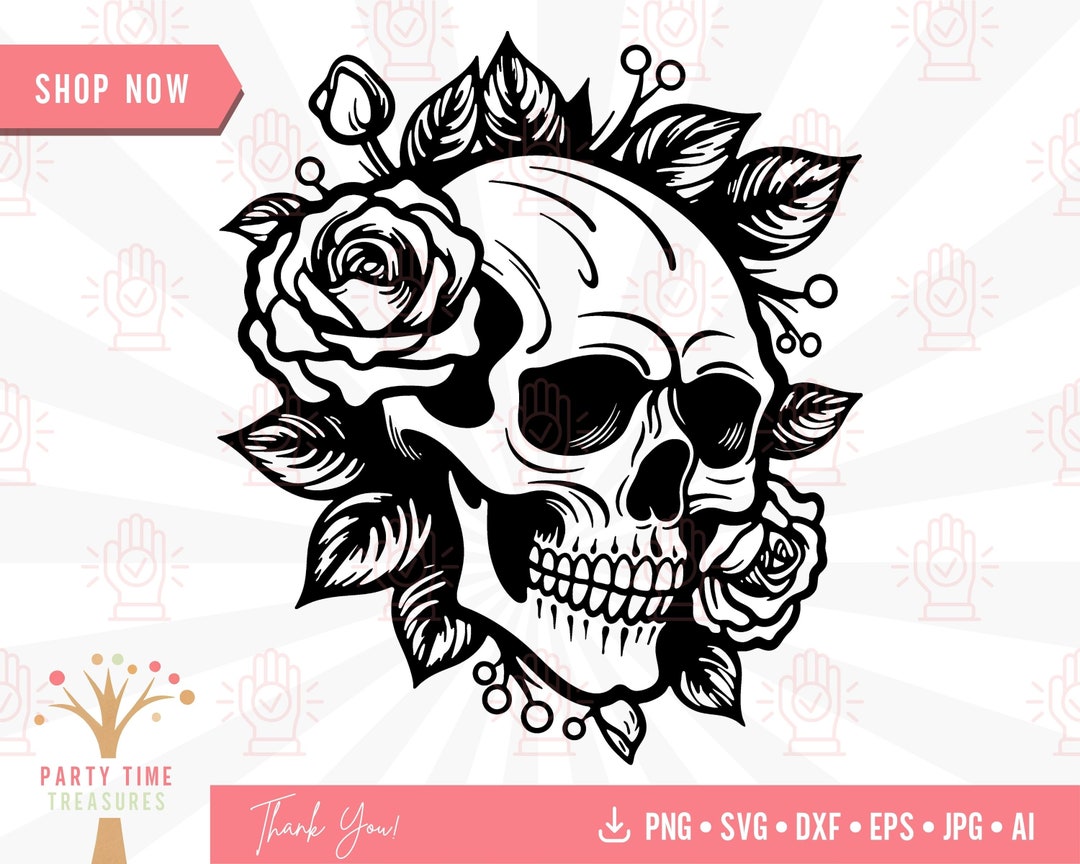 Floral Skull Svg, Skull With Flowers Cut File, Gothic Halloween Png ...