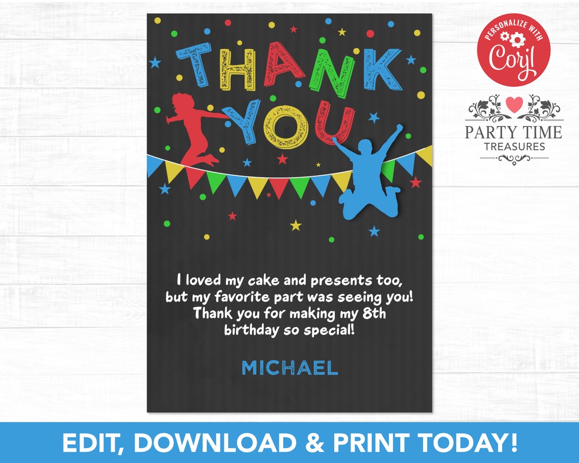 Trampoline Birthday Thank You Card - Jump Party Thank You Card - Bounce ...