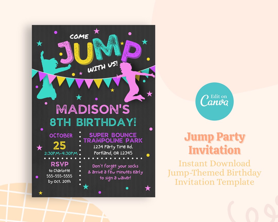 Jump Party Invitation, Jumping Birthday Invitation for Girls, Let's ...