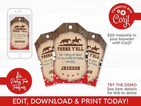 Cowboy Thank You Tag for Cowboy Themed Birthday Party Western | Etsy