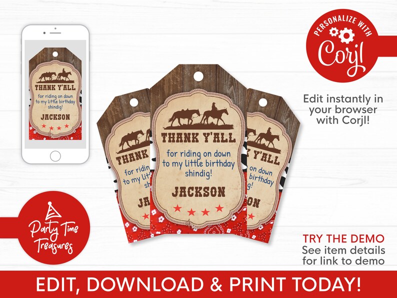 Cowboy Thank You Tag for Cowboy Themed Birthday Party, Western Thank ...
