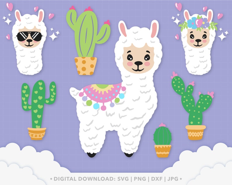 Llama SVG Bundle, Cactus SVG, Llama Clipart, Llama Birthday, Llama Face ...