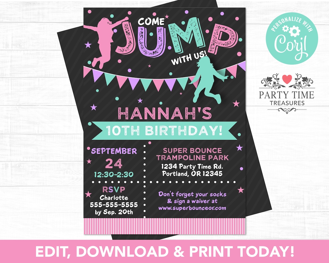 Girls Jump Invitation - Trampoline Birthday Invitation - Trampoline ...