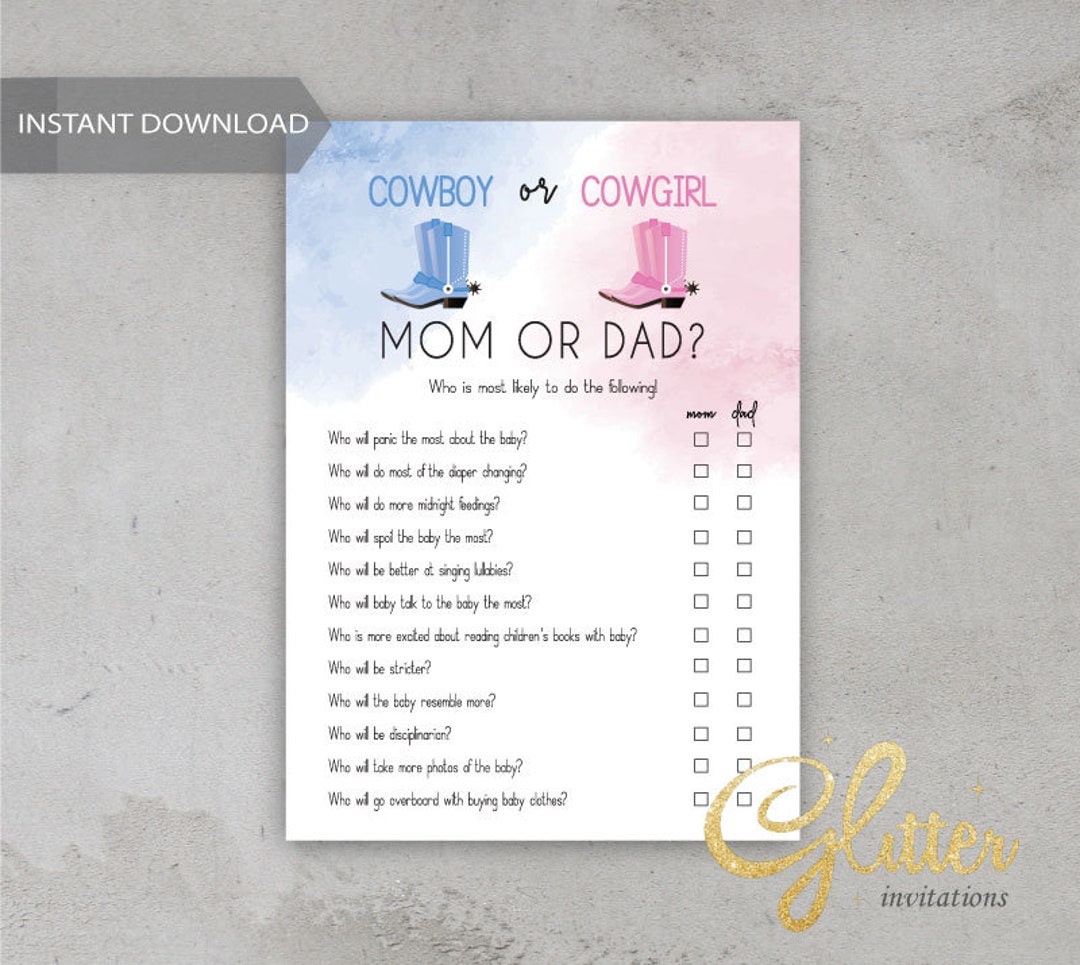 Cowboy Cowgirl Gender Reveal: Mom Vs Dad Quiz (digital Download) - Etsy