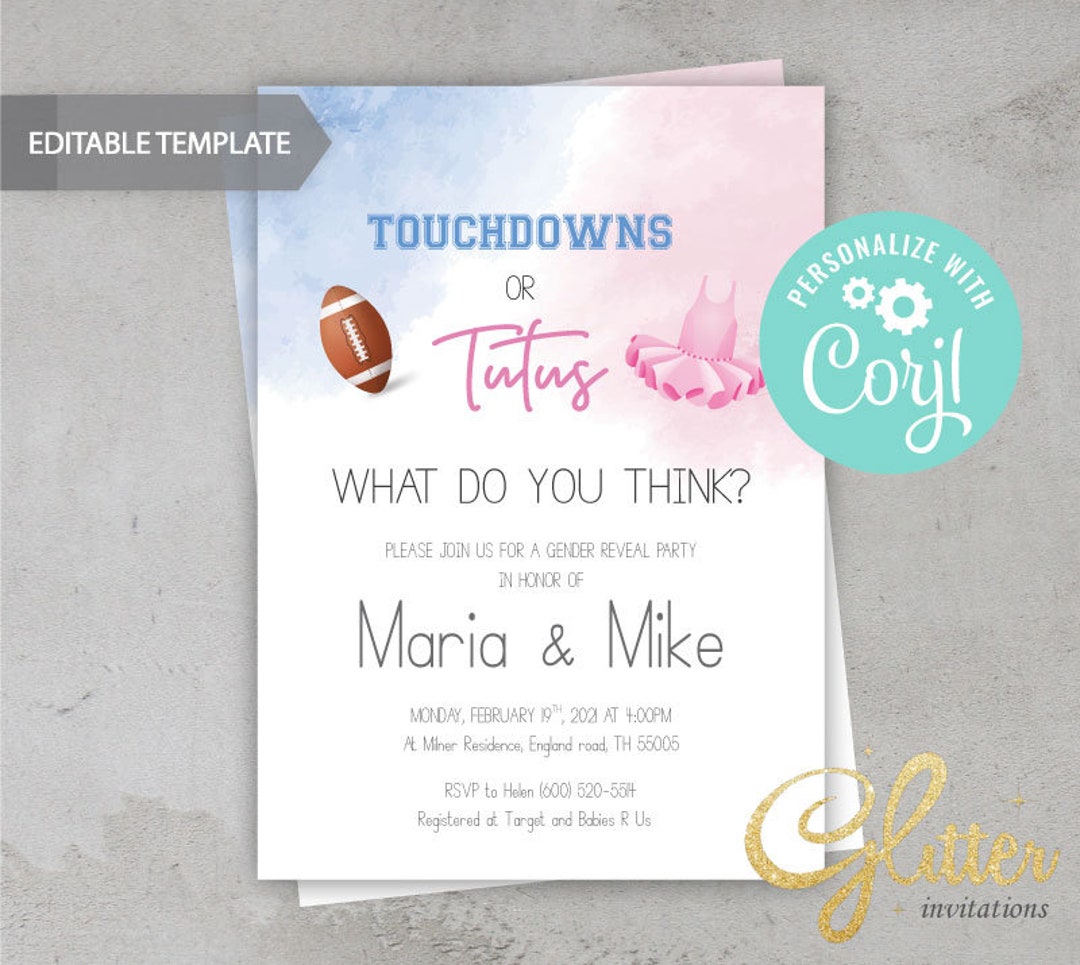 EDITABLE Touchdowns or Tutus Gender Reveal Invitation, Blue or Pink ...