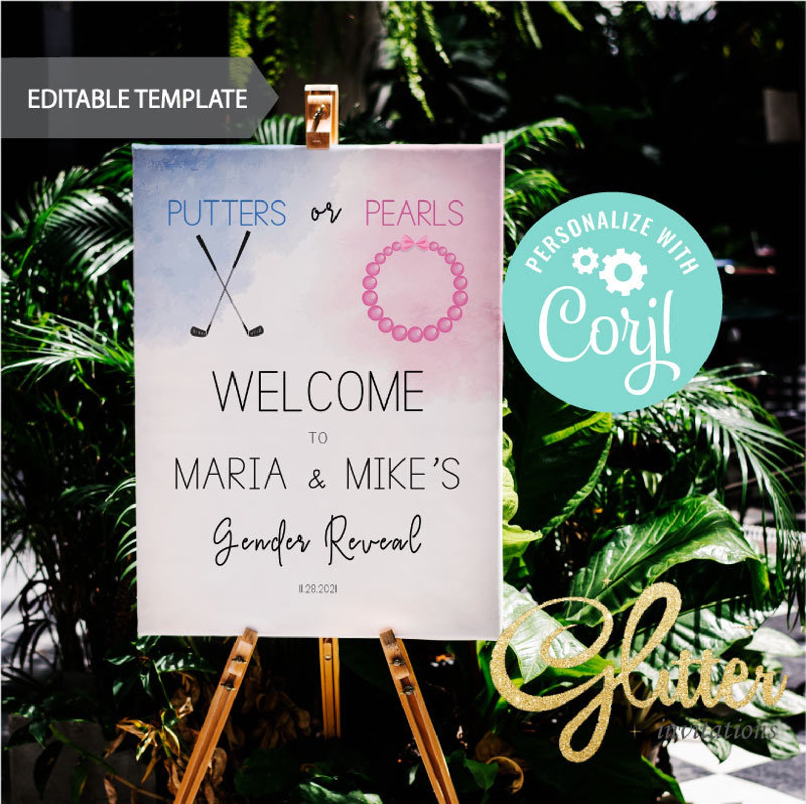 EDITABLE Putters or Pearls, Golf Gender Reveal, Blue and Pink, Welcome ...