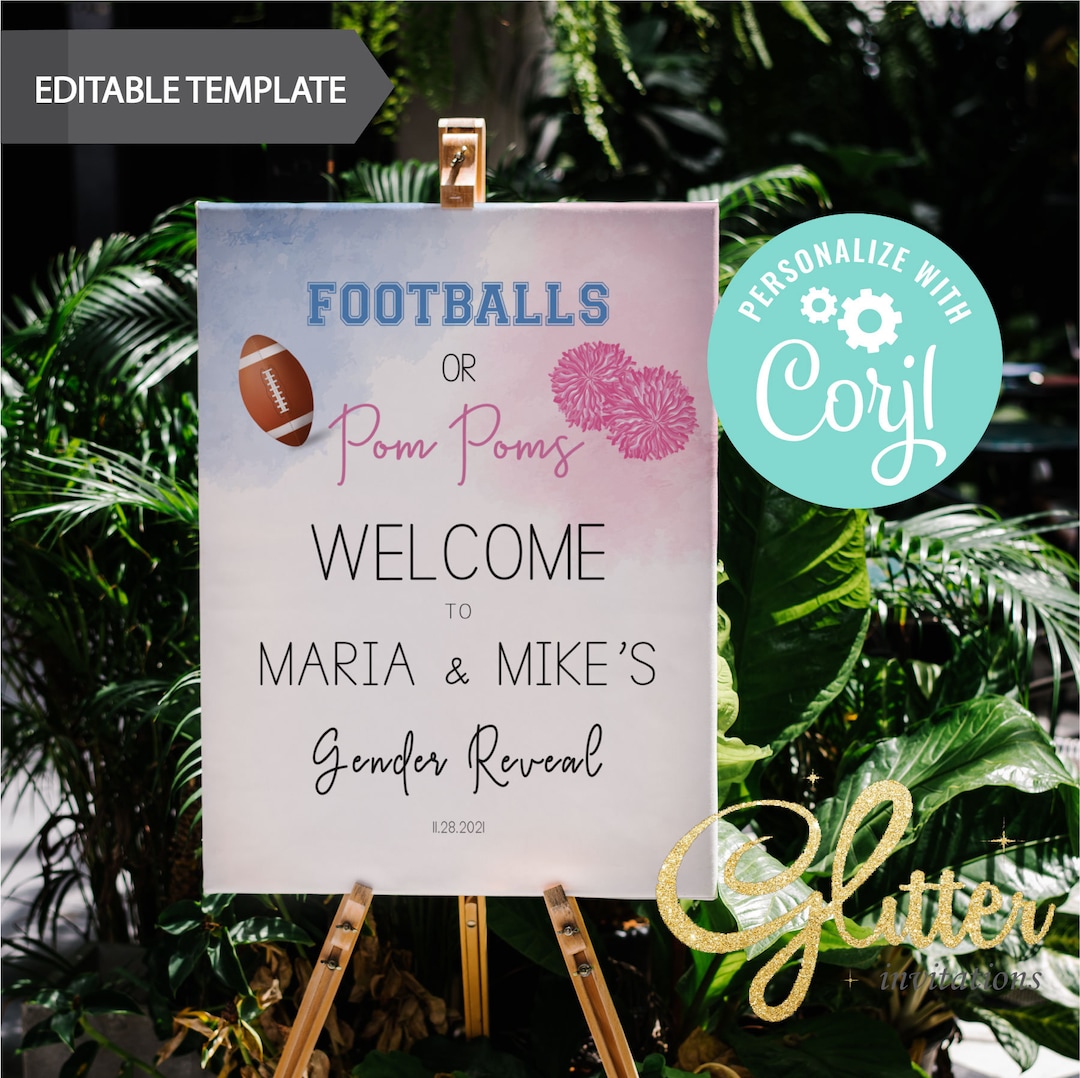 Football or Pom Poms Gender Reveal Welcome Sign (editable, Instant ...