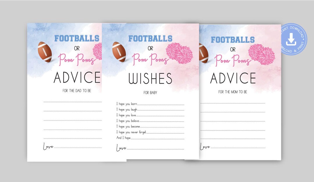 Football or Pom Poms Gender Reveal Advice & Wishes Cards (PDF) - Etsy