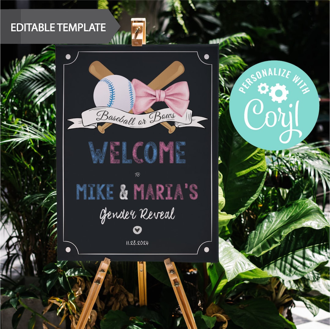 EDITABLE Baseball or Bows, Gender Reveal Shower, Welcome Sign, Instant ...