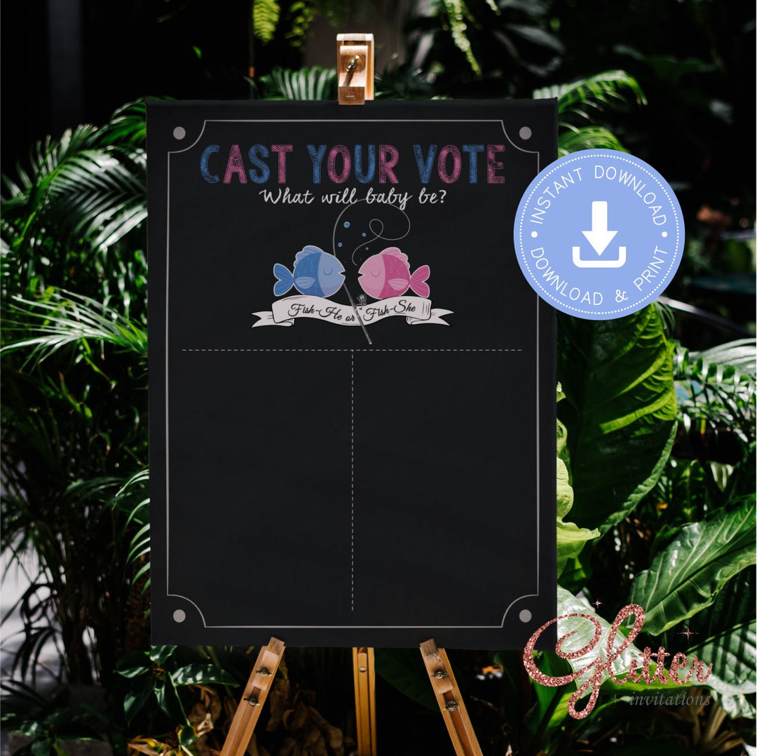 Fishing Theme Gender Reveal, Cast Your Vote Sign, Fish He or Fish She ...