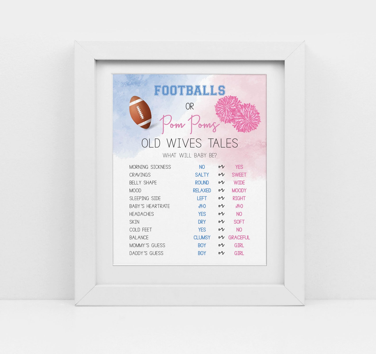 Football or Pom Poms Gender Reveal Sign: Old Wives Tales (printable PDF ...