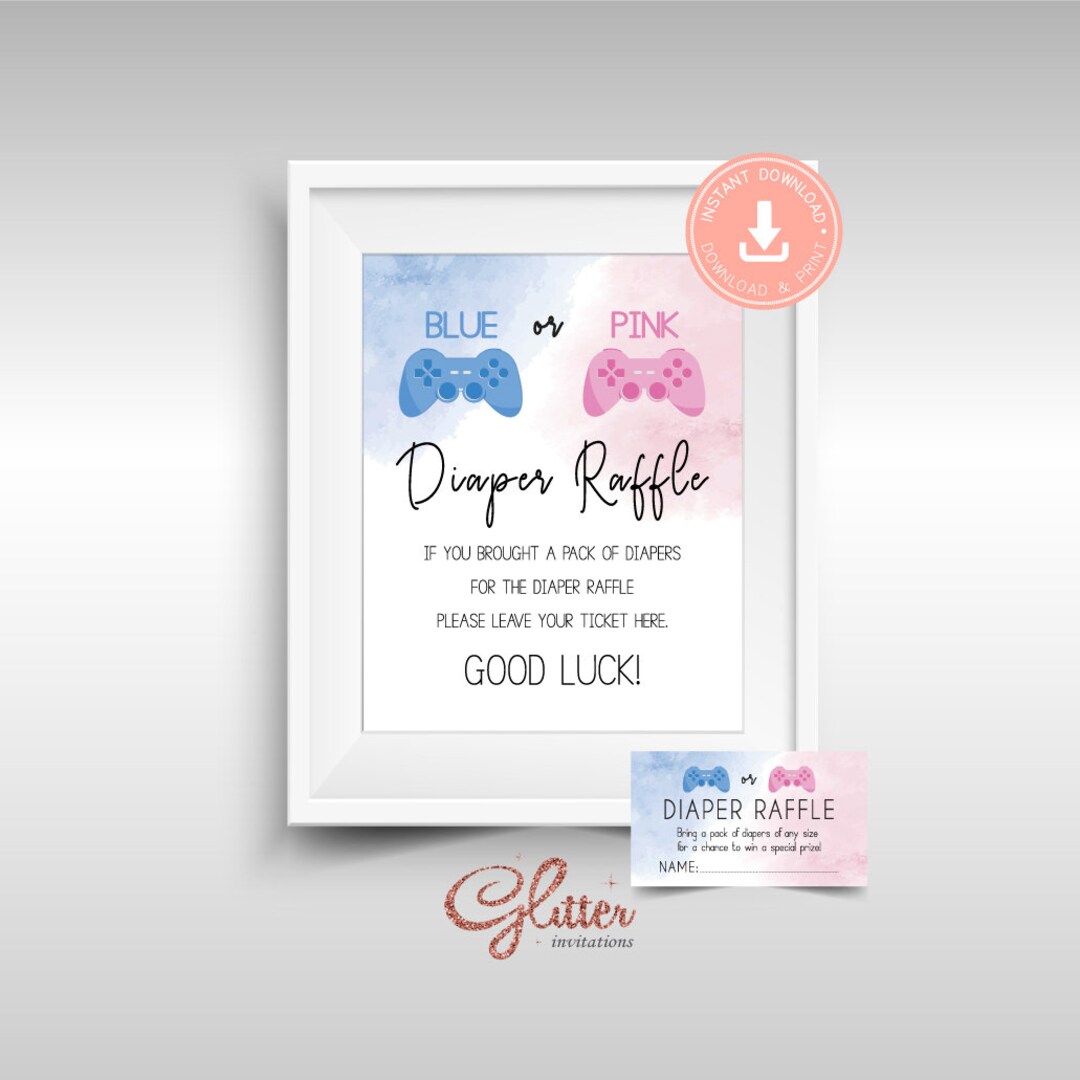 Gamer Gender Reveal, Blue and Pink, Diaper Raffle Sign, Printable Pdf ...