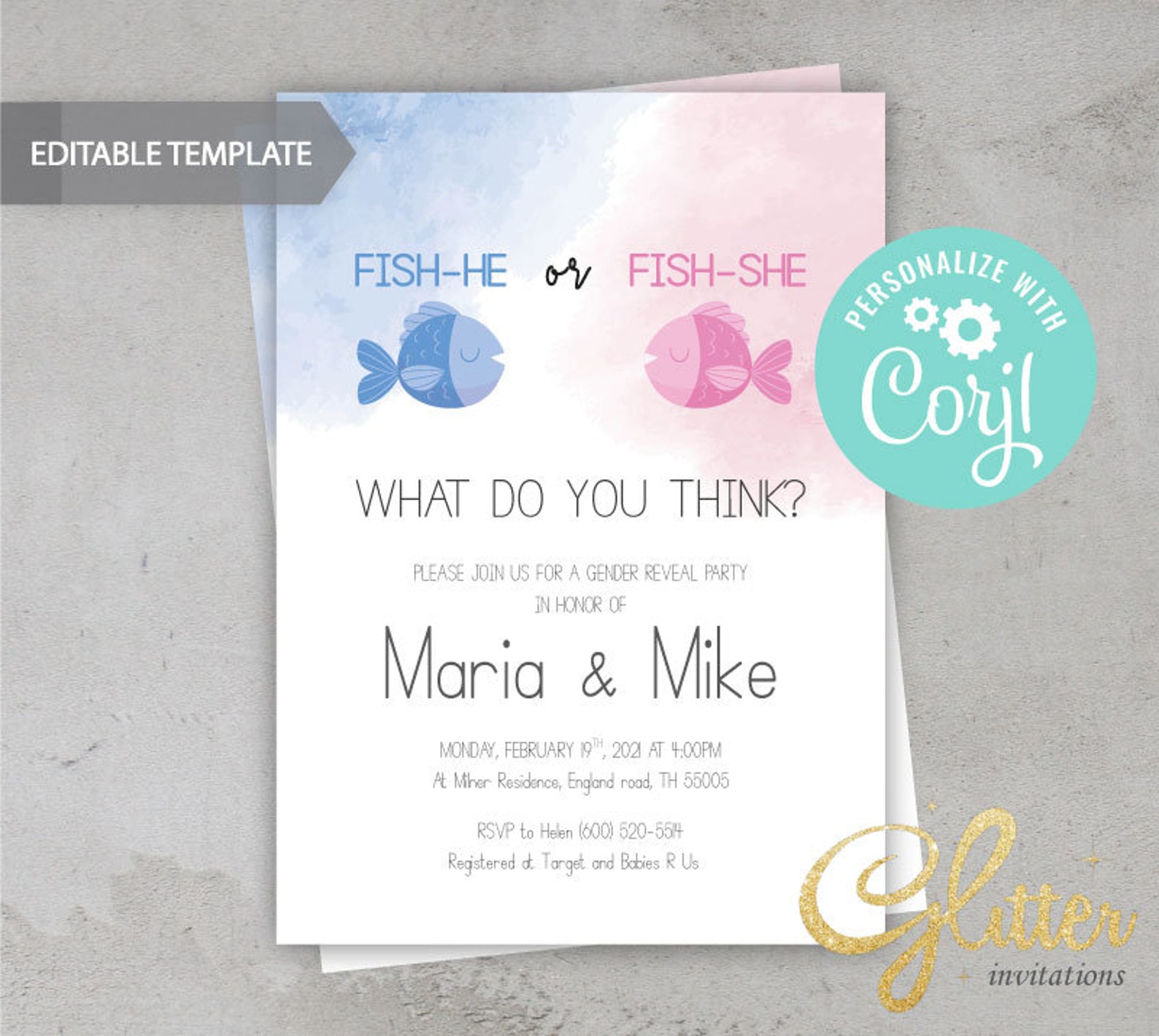 EDITABLE Fishing Theme Gender Reveal Fish He or Fish She - Etsy