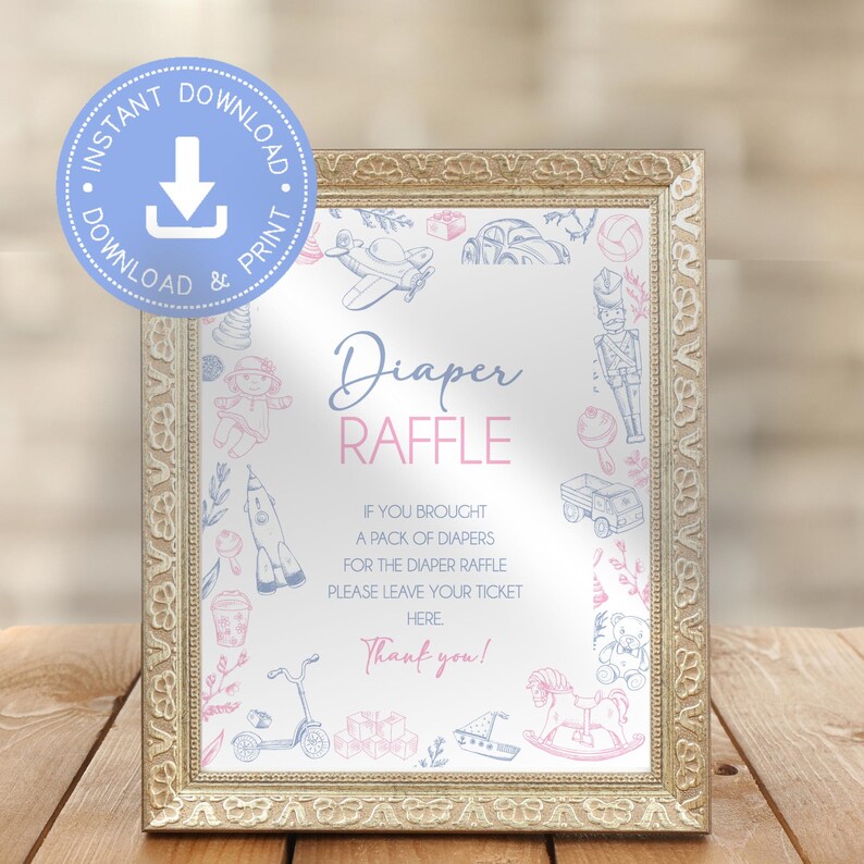 Vintage Diaper Raffle Sign, Printable Pdf, Toile Gender Reveal Diaper ...
