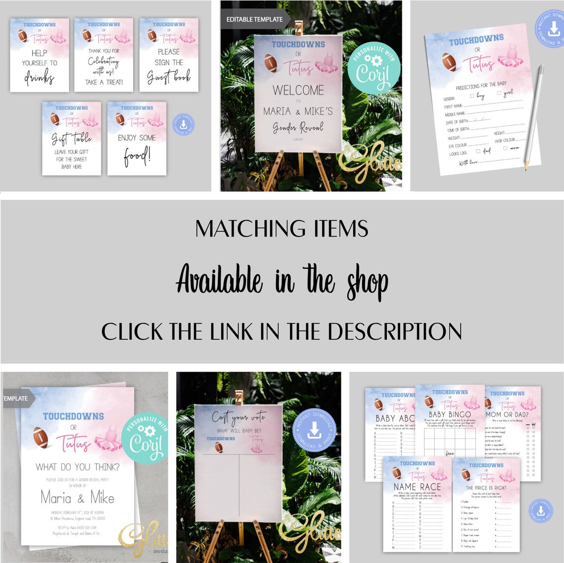 Touchdowns or Tutus Gender Reveal Stickers: Team Pink Vs Blue ...