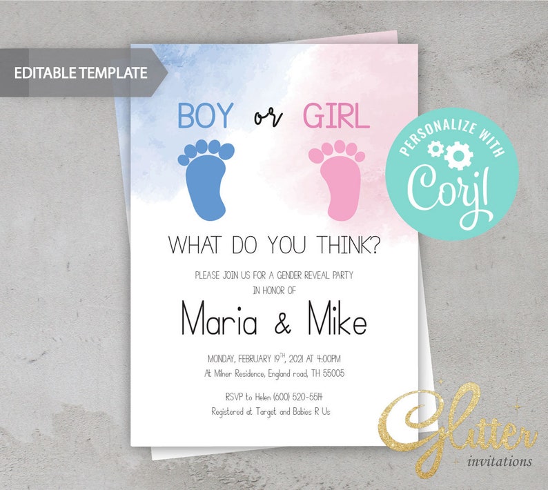 Editable Baby Footprint Gender Reveal Invitation (PDF) - Etsy