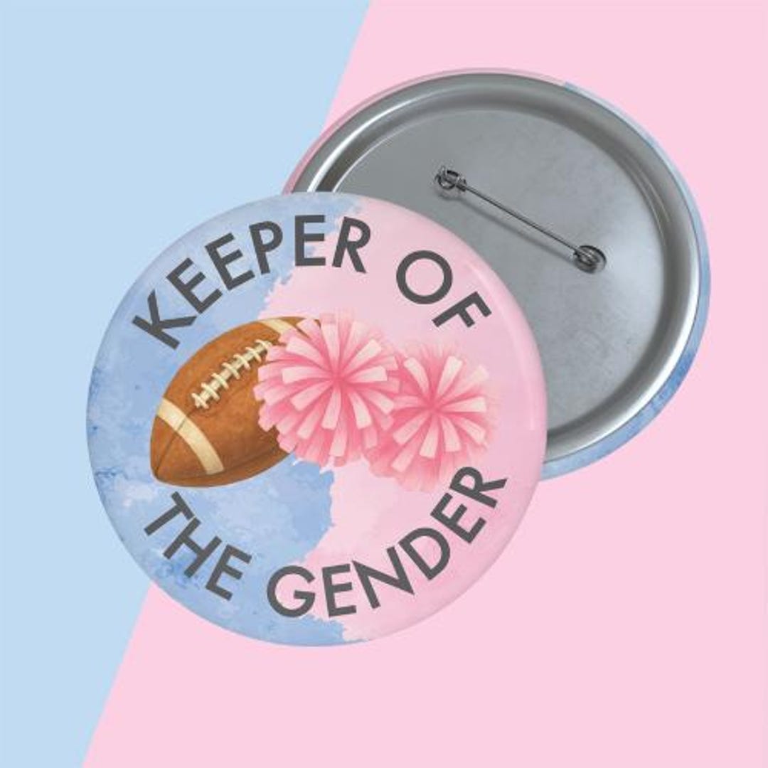 Football or Pom Poms Gender Reveal Pin Button: Baby Announcement Badge ...