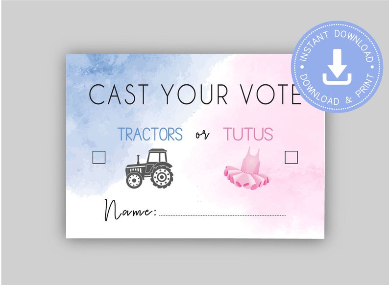 Tractors or Tutus Gender Reveal Voting Card (digital Download) - Etsy