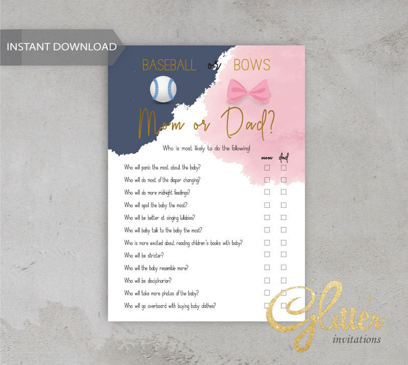 Baseball or Bows Gender Reveal Baby Shower Navy Blue and - Etsy