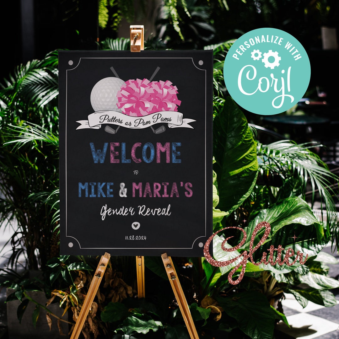 EDITABLE Putters or Pom Poms Welcome Sign, Golf Gender Reveal, Blue and ...